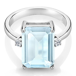 Gem Stone King 925 Sterling Silver Sky Blue Topaz and White Topaz Ring For Women (9.43 Cttw, Emerald Cut 14x10MM, Gemstone November Birthstone, Available In Size 5, 6, 7, 8, 9)