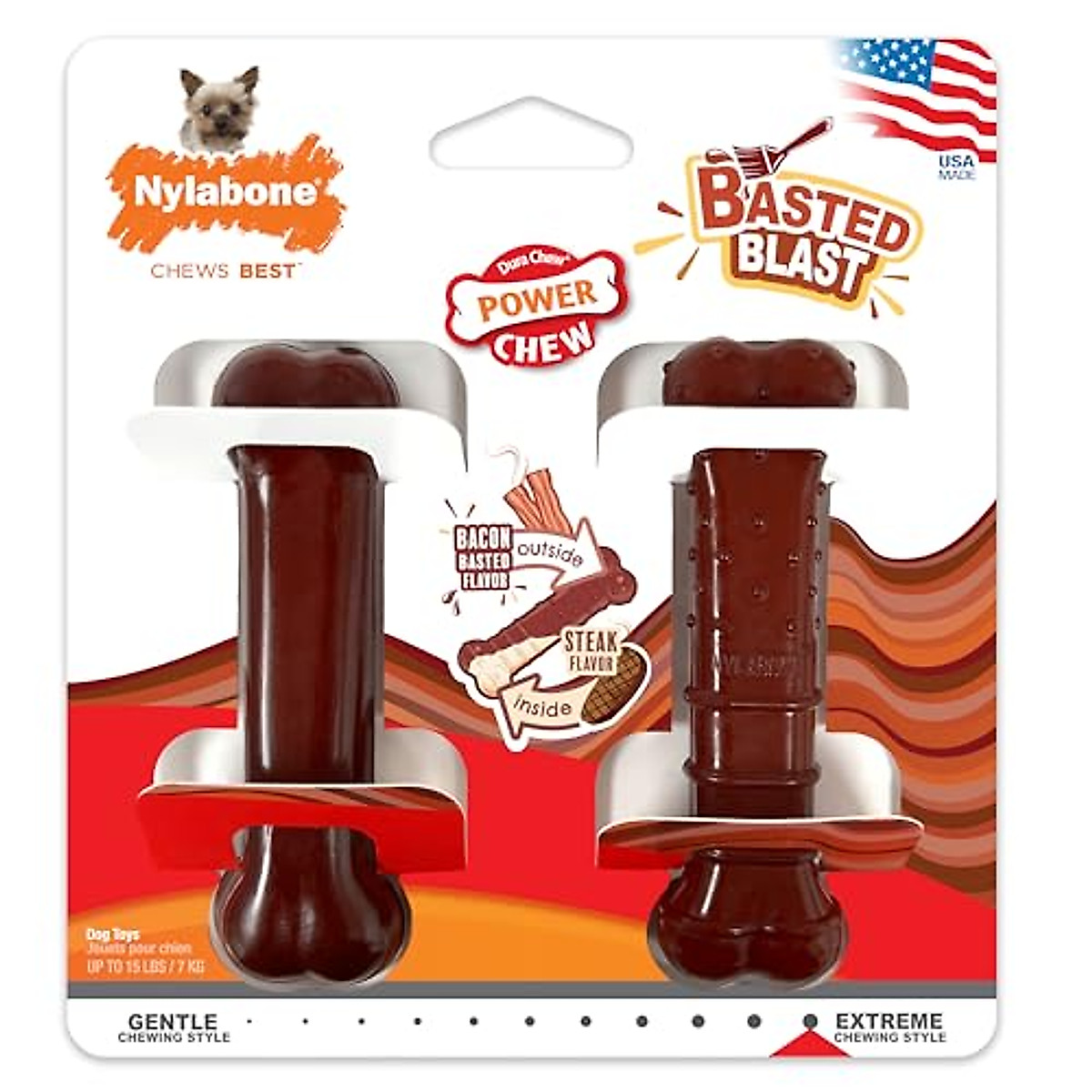 Nylabone Basted Blast Original & Textured Bone Power Chew Toy for Dogs, Dog Toys for Aggressive Chewers, Bacon and Steak Flavor, X-Small - Up to 15 lbs, 2 Pack