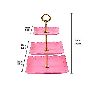 MINGT 3 Tier Plastic Cupcake Stand, Tiered Serving Cake Stand, Square White Embossed Dessert Stand, Weddings Parties Pastry Serving Tray (Pink)