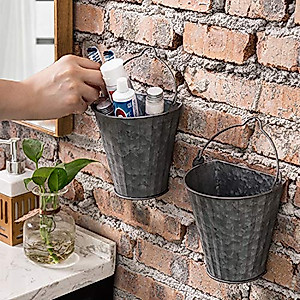 MyGift Wall Mounted Rustic Galvanized Metal Bathroom Toothbrush Holder Toothpaste Holder Bins, Mini Decorative Toiletries and Accessories Storage Buckets, Set of 2