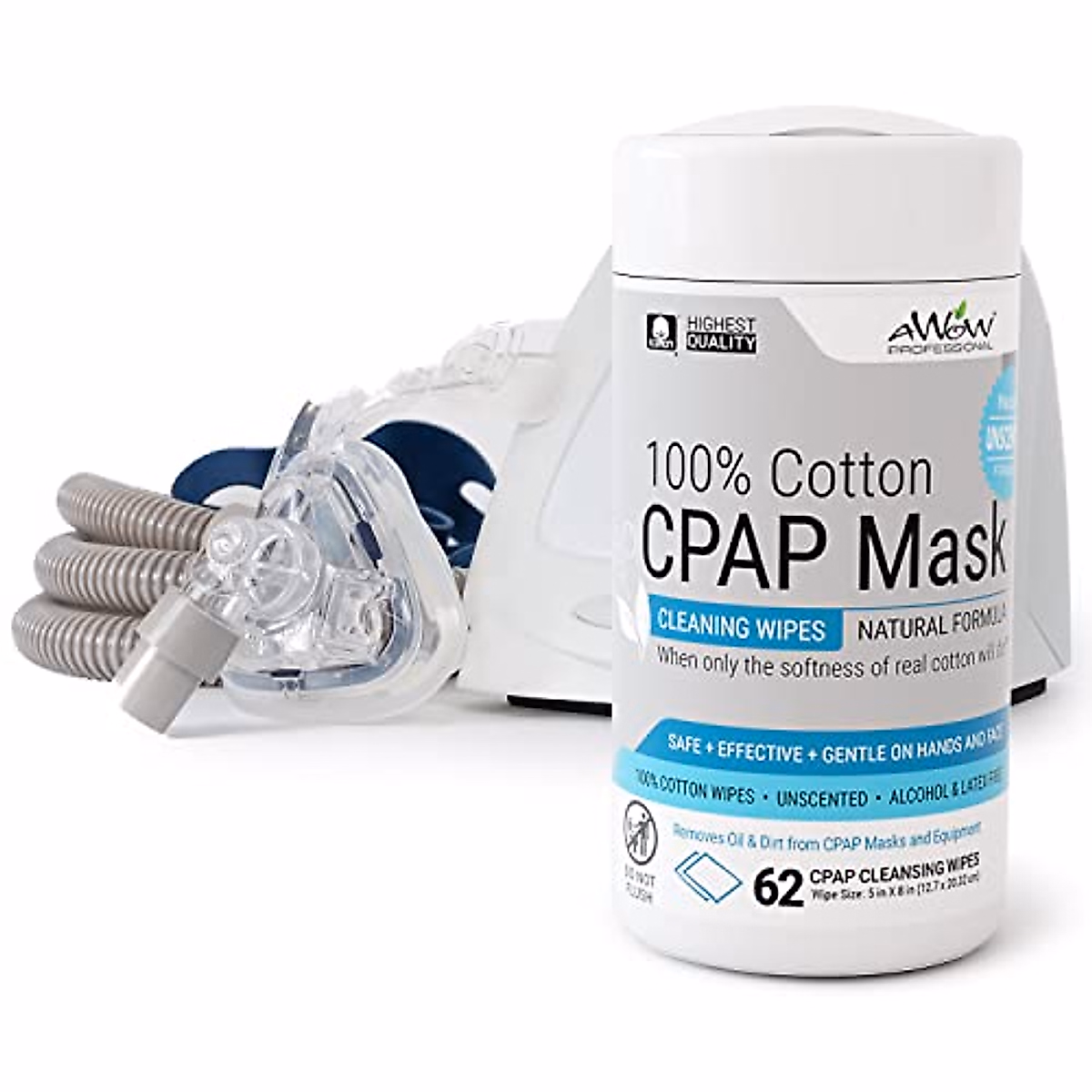 AWOW Professional CPAP Cleaning Wipes - Unscented 100% Cotton, Make CPAP-Mask-Cleaning easy for Daily CPAP/BiPAP Mask Maintenance, 62 CPAP Wipes per Canister. (3pk, 186 Wipes)
