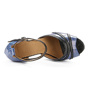 TDA Women's Ankle Strap Peep Toe Classic Blue Leather Salsa Tango Ballroom Latin Modern Dance Wedding Shoes 6.5 M US