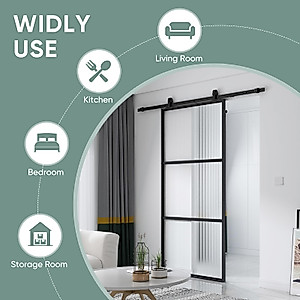 JUBEST Glass Barn Door 42in x 84in, Reeded Glass Carbon Steel Pre-Drilled Frame Sliding Barn Door Panel with 7FT Hardware Kit and Soft Close