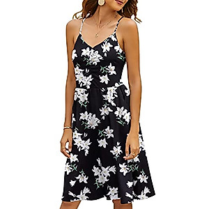 YATHON Casual Dresses for Women Sleeveless Cotton Summer Beach Dress A Line Spaghetti Strap Sundresses with Pockets (M, YT090-Black Floral 01)