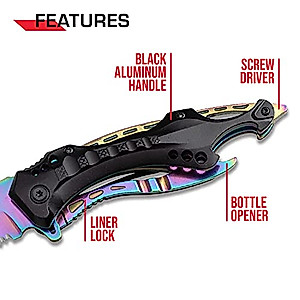 TAC Force Spring Assisted Folding Pocket Knife – Rainbow TiNite Coated Stainless Steel Blade with Black Aluminum Handle, Bottle Opener, Glass Punch and Pocket Clip, Tactical, EDC, Rescue - TF-705RB