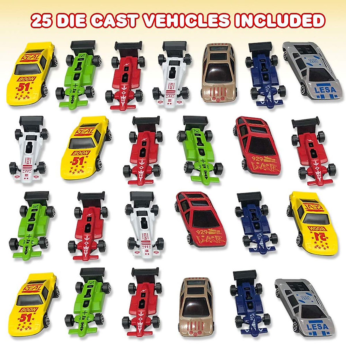 ArtCreativity 25 Pc Diecast Toy Vehicles Playset, Durable Diecast Mini Racer Cars in Assorted Designs, Cool Birthday Party Favors for Kids, Best Birthday Gift for Boys and Girls