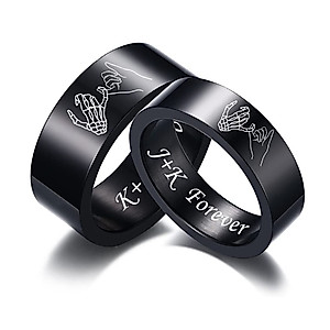 MZZJ Skeleton Hands Pinky Promise Couple Rings 8MM&6MM High Polish Minimalist Classical Stainless Steel Initial Flat Wedding Band Ring Set,Anniversary Birthday Gift for Boyfriend Girlfriend,Black