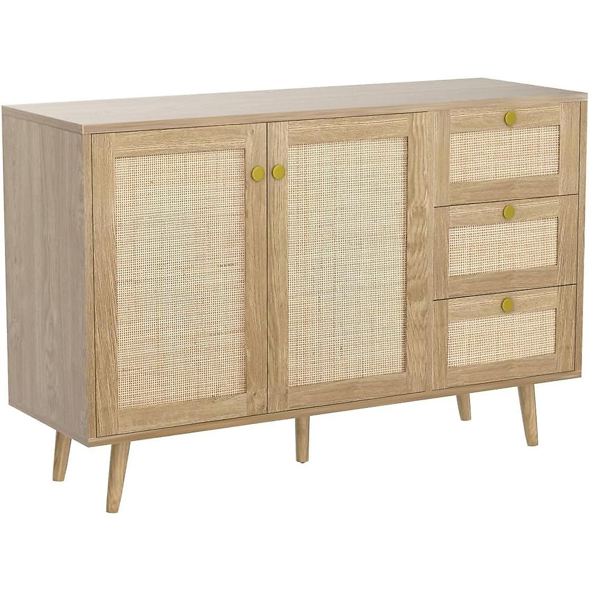 Anmytek Rattan Sideboard Buffet Cabinet with 2 Doors and 3 Drawers, Buffet Cabinet with Storage Wood Credenza Storage Cabinet for Living Room Dining Room Hallway Kitchen, Natural Oak H0088