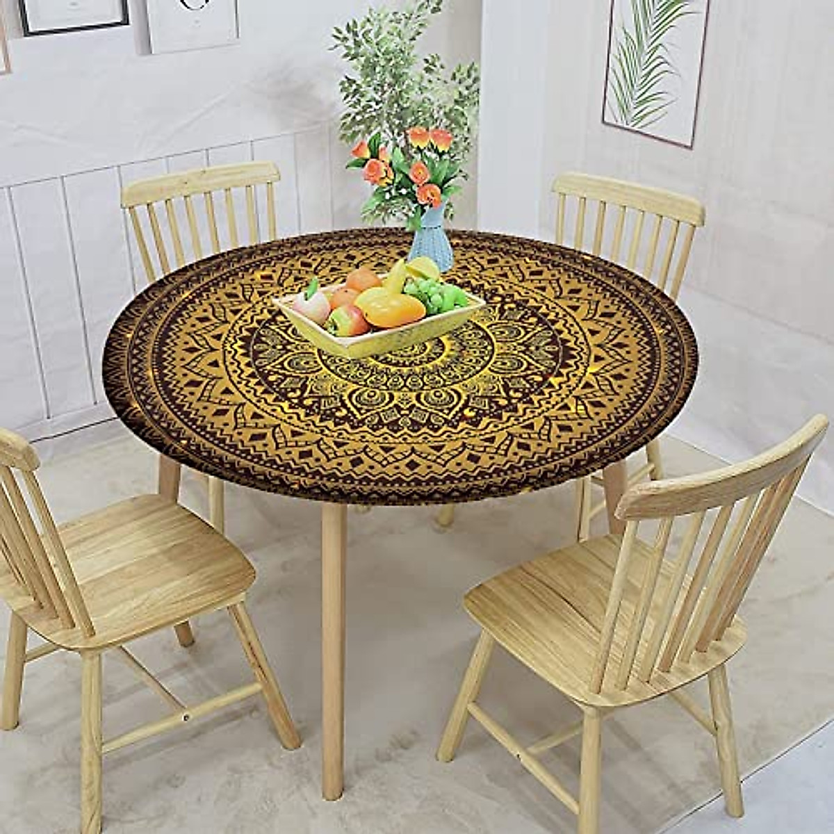 Mandala Round Fitted Tablecloth with Elastic Edge,Brown Mandala Pattern in Dark Print Polyester Table Cloth, XLarge, Fit Round Tables up 59"-63" Diameter, for Christmas Wedding Party Dining Banquet