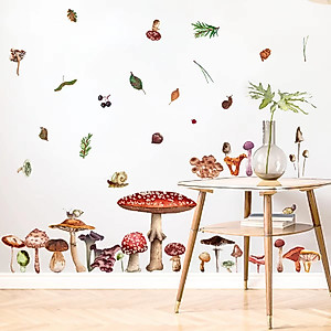Glenmal 72 Pcs Watercolor Mushroom Wall Decals Giant Mushroom Decal Walls Peel and Stick Removable Mushroom Wall Decor Wallpaper Vinyl Wall Sticker for Bedroom Furniture(Retro Style)