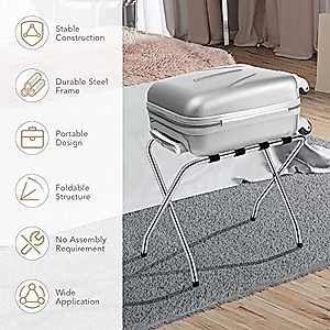 MAT EXPERT Folding Luggage Rack, No Assembly Required, 180lbs Capacity Luggage Holder w/ Nylon Straps & Non-slip Footpads, Chrome Suitcase Stand for Guest Room Home Bedroom Hotel, Set of 2, Silver