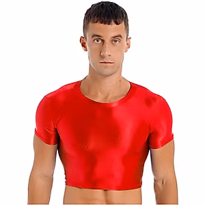 Yihuimin Men's Shiny Oil Short Sleeve Crop Tops Shirt Gym Sports Workout Compression T-Shirt Blouse Red Large