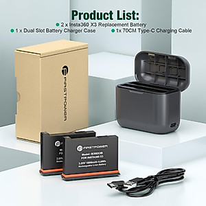 FirstPower Replacement Insta360 X3 Battery 1800mAh 2-Pack and Dual Slot USB Fast Charger Hub Compatible with Insta360 X3 Action Camera