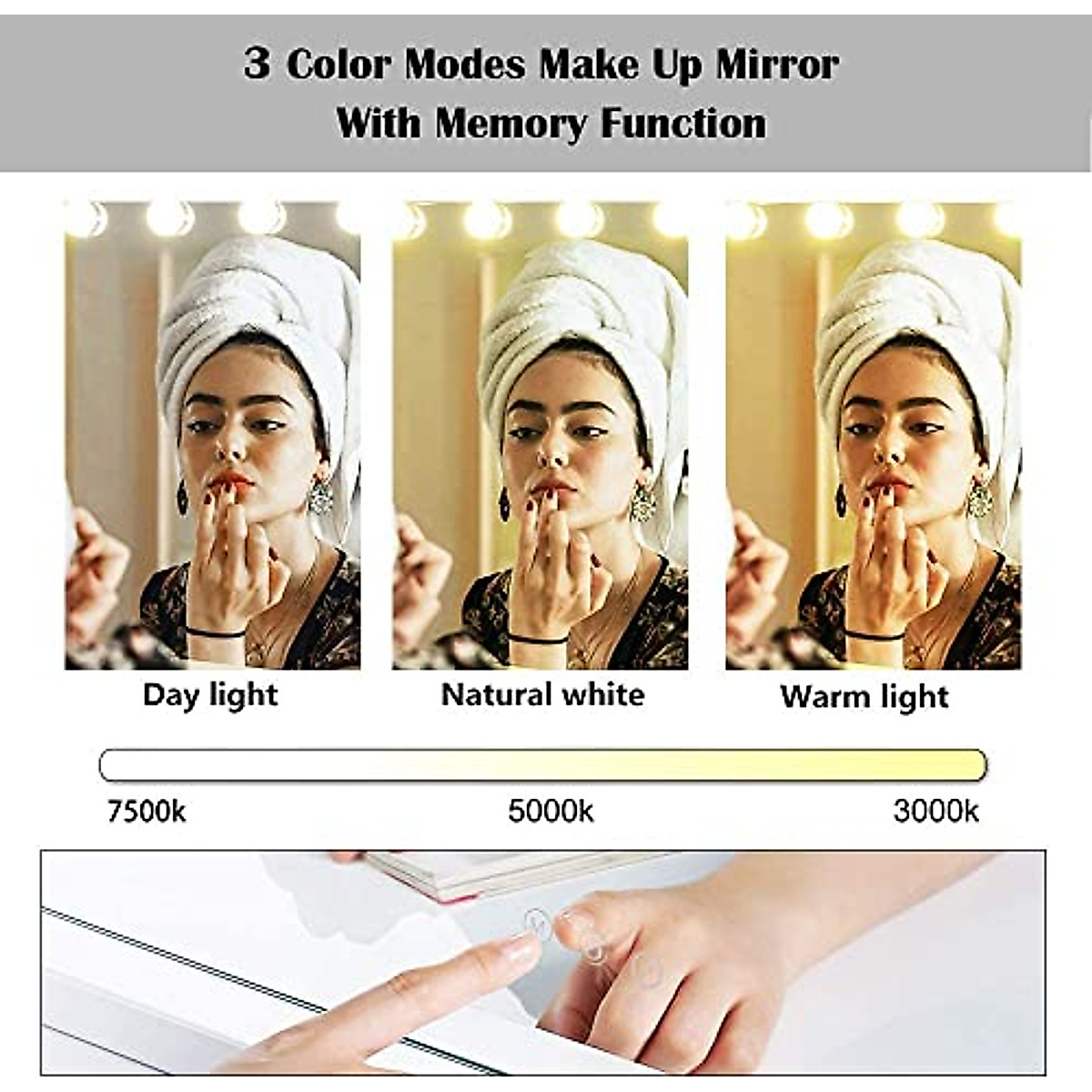 Filytop 22.8"x 18.1" Makeup Mirror with Lights,10X Large Hollywood Lighted Vanity Mirror with 15 Dimmable LED Bulbs,3 Color Modes,Touch Control,Tabletop or Wall-Mounted, White