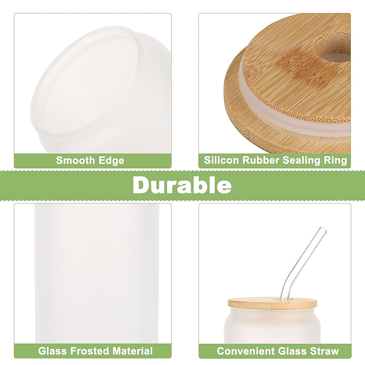 CYEAH 16 Oz Frosted Glass Cups With Bamboo Lids and Straws, 4 Pcs Sublimation Tumblers, 2 Brushes, Reusable Mason Drinking Glasses for Iced Coffee, Juice, Boba, Milk