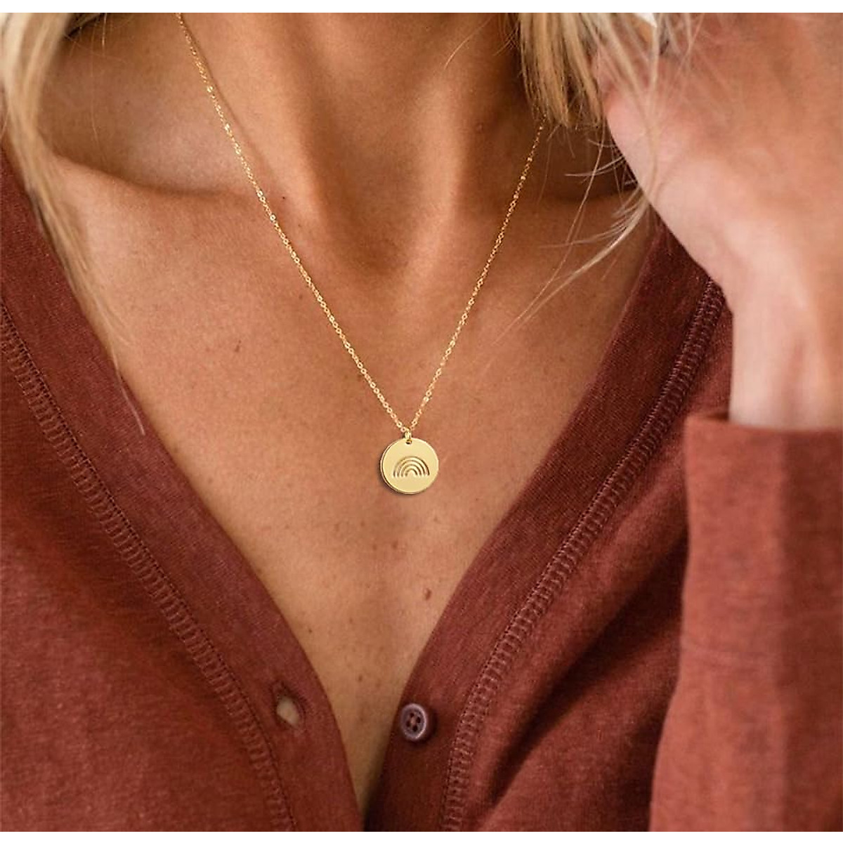 Fremttly Rainbow Initial Necklaces, 14K Gold Plated Disc Coin Letter Necklace Hand Stamped Rainbow Bridge Pendant Charm Necklaces for Women Girls NK-Rainbow