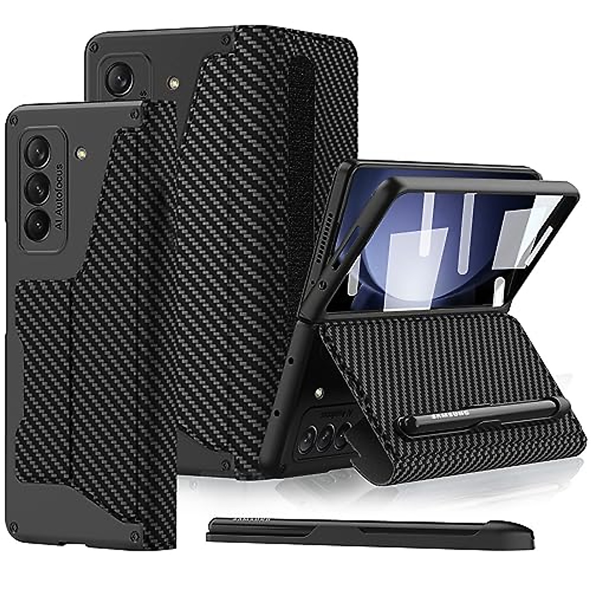 for Samsung Galaxy Z Fold 5 Leather Case with S Pen Holder [Screen Protection + Card Slot + Kickstand] Luxury Leather 360° Shockproof Protection Case for Samsung Galaxy Z Fold 5 5G,Carbon Fiber