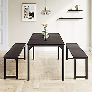 IMUsee 45" Dining Table Set for 4, 3-Pieces Kitchen & Dining Room Sets with Benches, Metal Frame and Wood Board, Sturdy Structure, Easy Assembly, Small Space Dinette, Black & Black