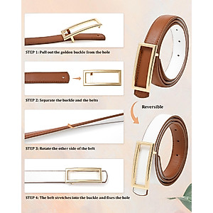 AWAYTR Women Reversible Leather Belt - Two-in-One Women Fashion Skinny Belt for Jeans with Golden Buckle (Brown/White,100cm)