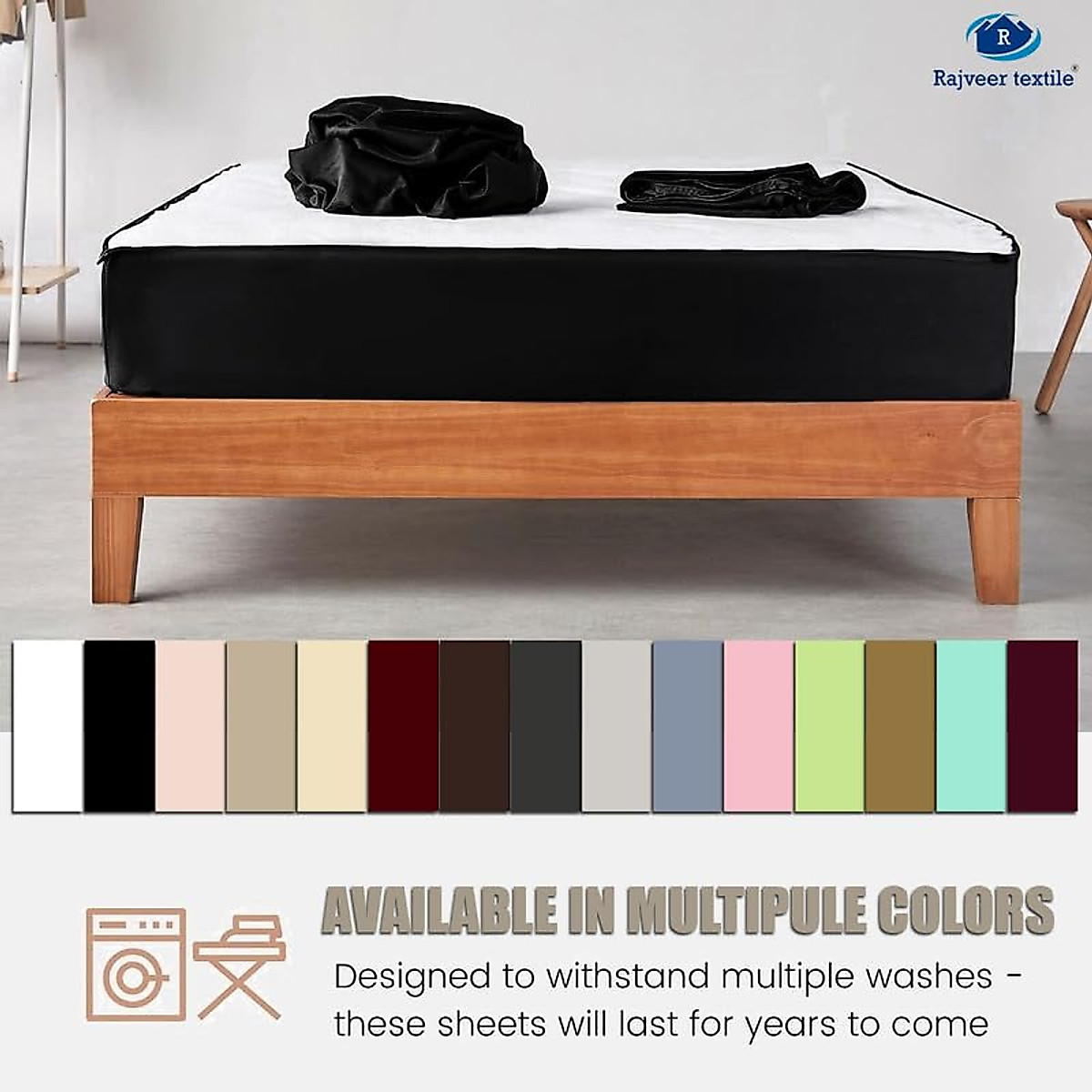 RAJVEER TEXTILE Zip On Fitted Sheet - Includes 1 Fitted Base + 2 Zip Sheet - Easy to Change, Won’t Pop Off Twin Sheet- 600 TC Cotton Fitted Sheet- 15” Deep Pocket Twin Size- Black