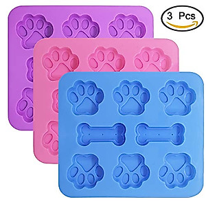 3 Pcs Silicone Molds Puppy Dog Paw & Bone Shaped 2 in 1, 8-Cavity, FineGood Reusable Ice Candy Trays Chocolate Cookies Baking Pans, Oven Microwave Freezer Dishwasher Safe-Pink, Blue, Purple
