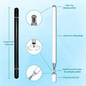 Stylus pens for ipad Touch Screens - Capacitive Stylus for ipad 2 in 1 Disc/Fiber Tablet pen Stylus Pencil with Magnetic Cap for Apple/iPhone/Ipad pro/Mini/Air/Android/Microsoft/Surface White/BL 2pack