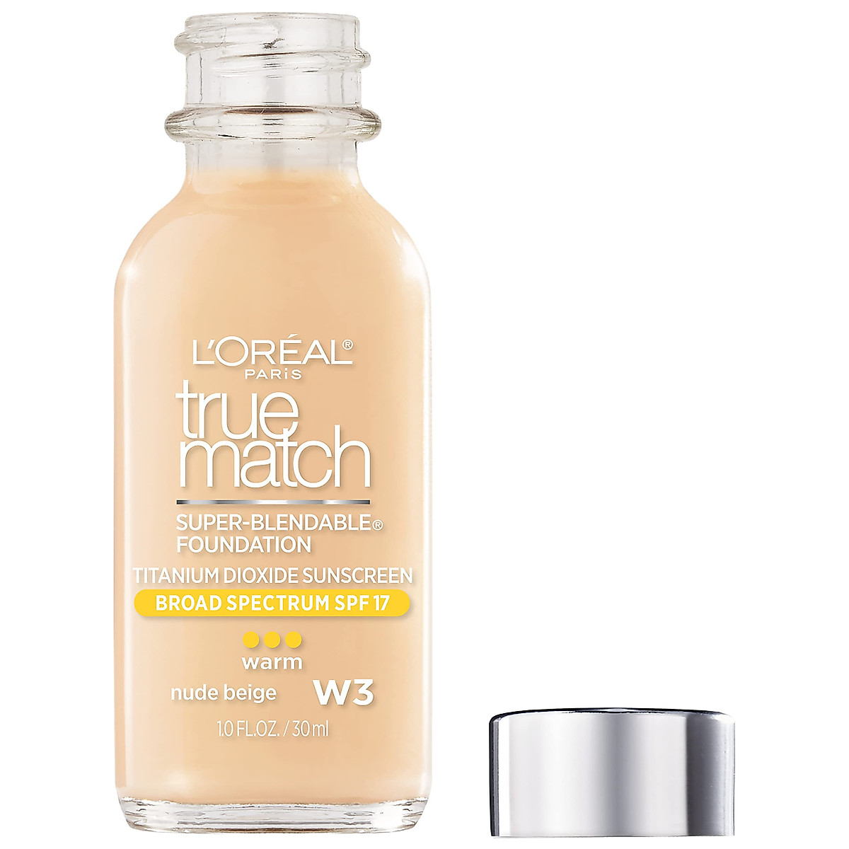 L'Oreal Paris Makeup True Match Super-Blendable Liquid Foundation, Nude Beige W3, 1 Fl Oz,1 Count