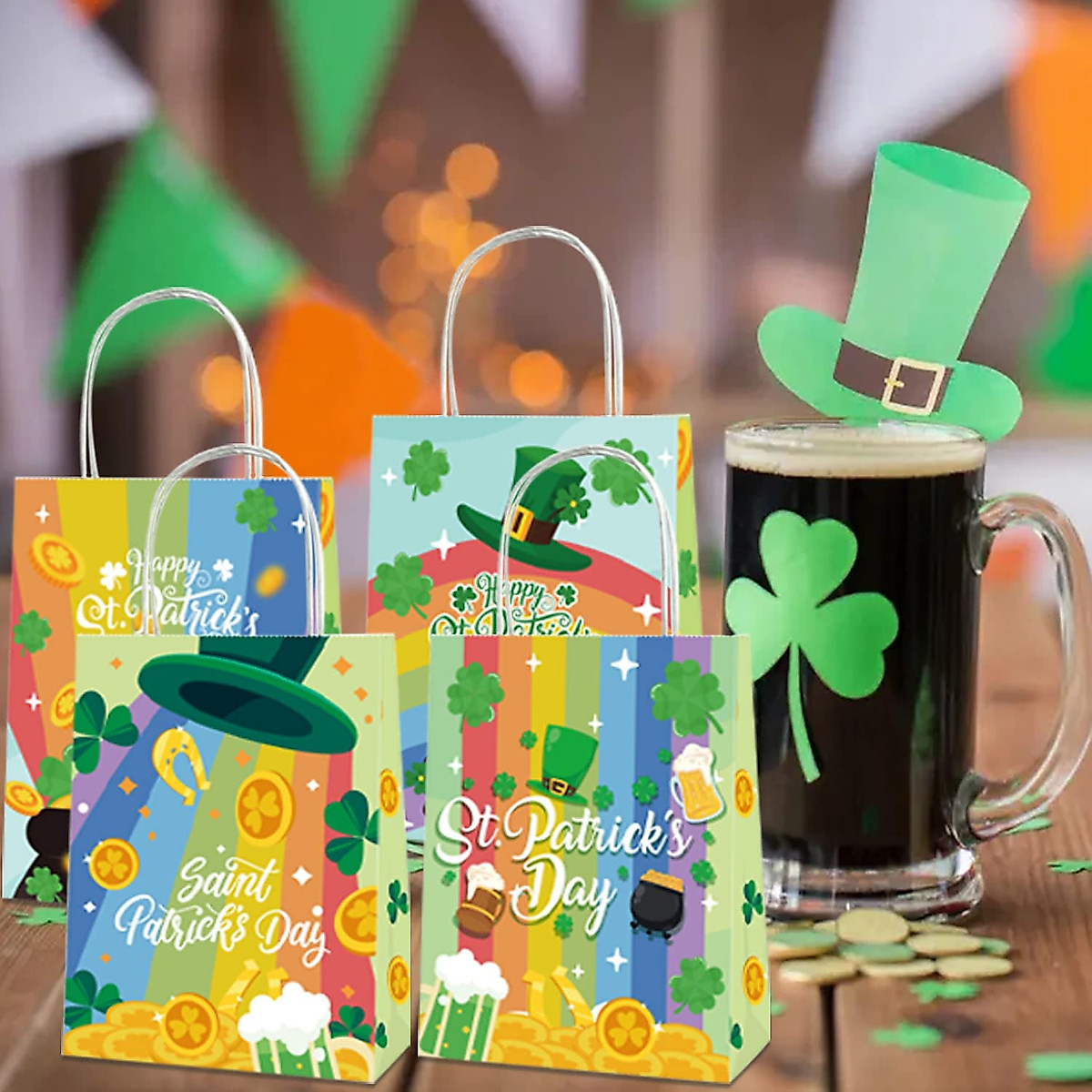 sorkwo 12 Pack St. Patrick's Day Gift Bags with Handle, Shamrock Theme Party Gift Bag Irish Clover Holiday Gift Bags for St. Patrick's Day Party Favors Supplies (St. Patrick's Day Gift Bags)