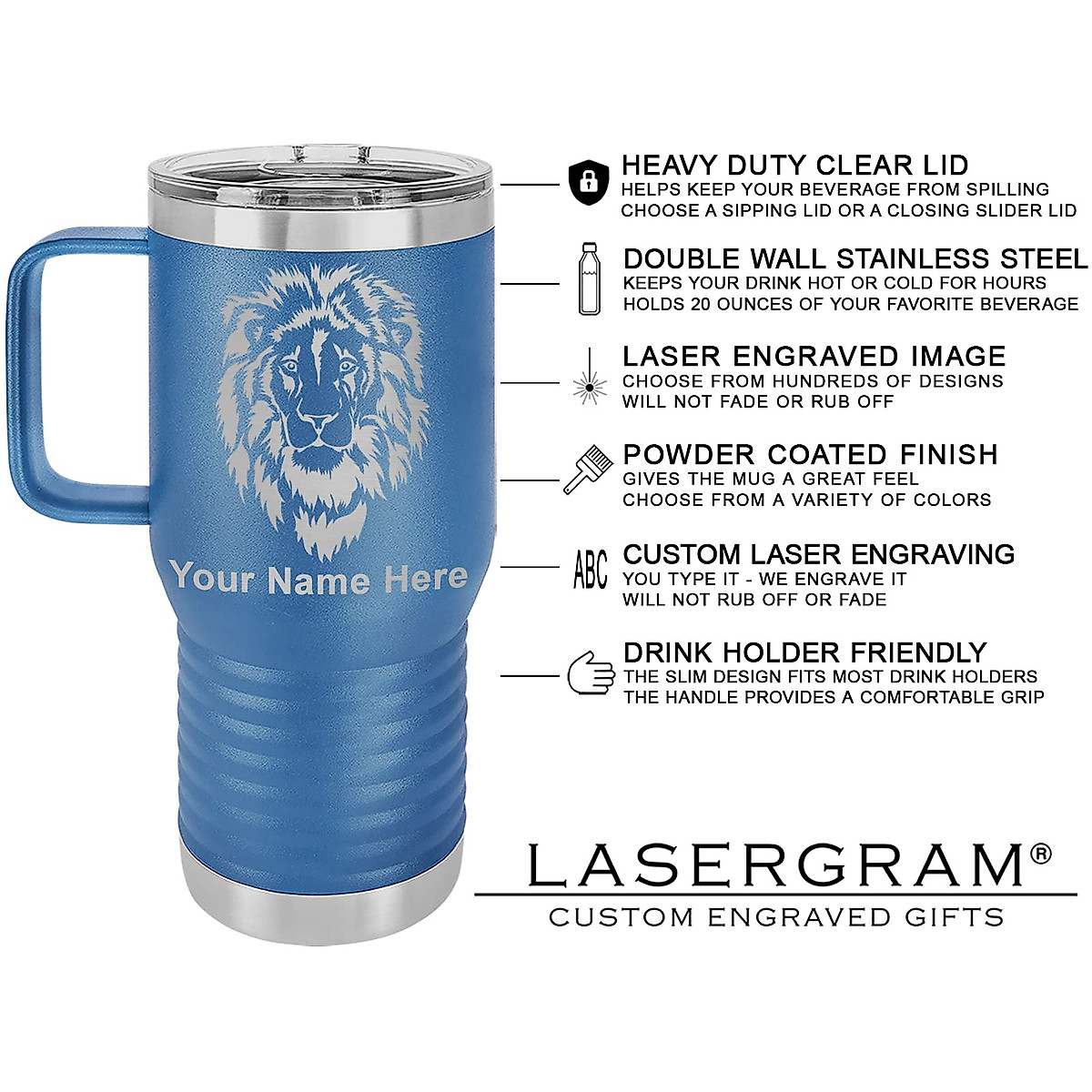 LaserGram 20oz Vacuum Insulated Travel Mug with Handle, Drum Set, Personalized Engraving Included (Dark Blue)