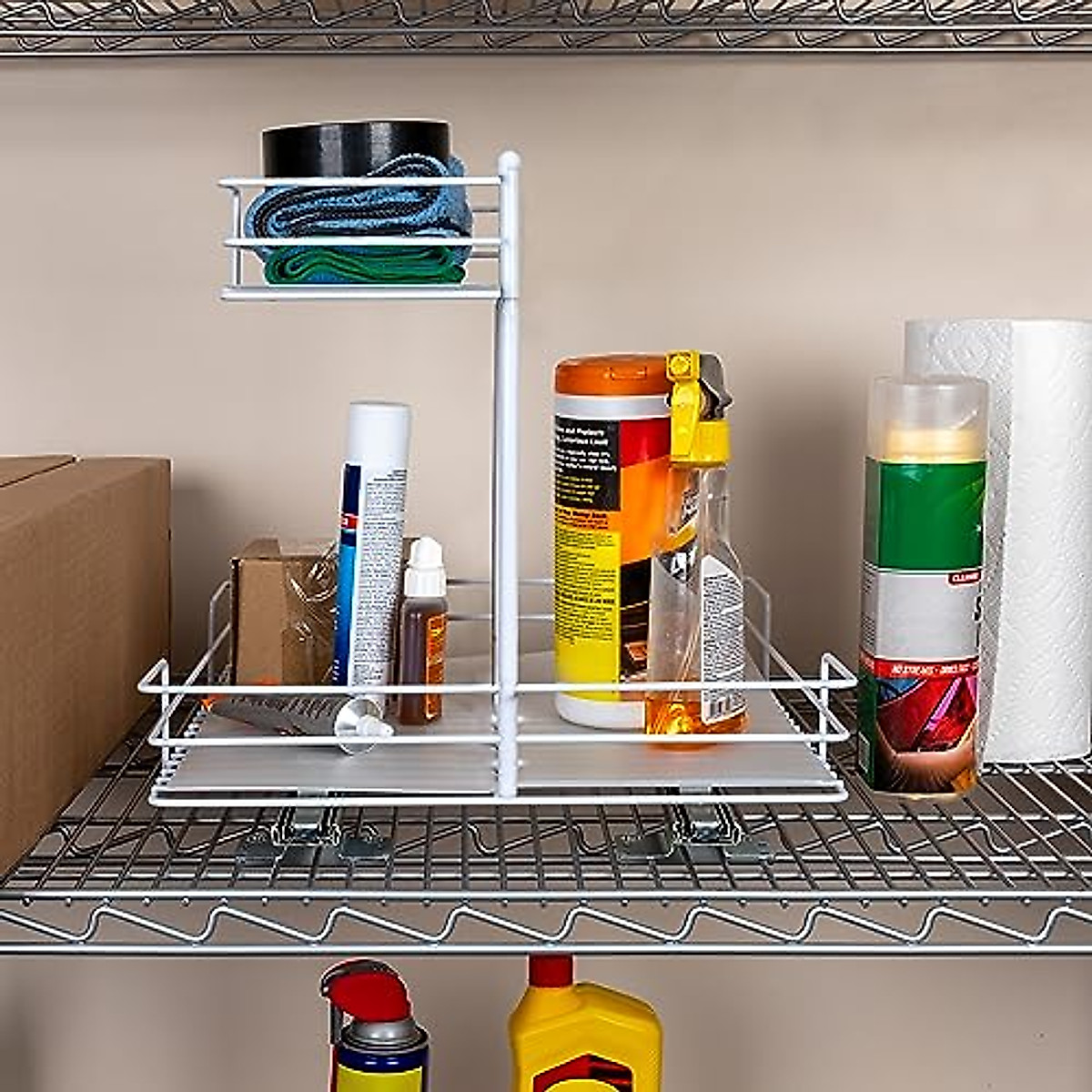 Household Essentials Glidez Paint-Finished Steel Pull-Out/Slide-Out Storage Organizer with Plastic Liners for Under Sink or Cabinet Use- 2 -Tier Design - Fits Standard Size Cabinet or Shelf, White