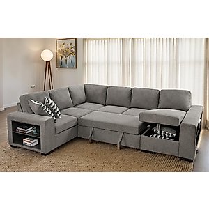 RENDGO 125'' U Shaped Oversized Sectional Sofa Couch with Cabinet,7 Seat Sectional Sleeper Sofa Bed with Storage Chaise, Pull Out Bed for Living Room,Grey