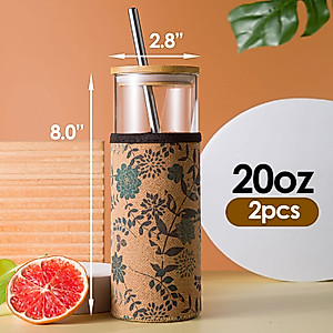 20oz Glass Tumbler with Bamboo Lid and Straw, Wide Mouth Water Tumbler with Protective Sleeve, Drinking Cups, Drinking Jars, Claplante Iced Coffee Cup, Spill Proof Glass Water Bottle, Glass Cup
