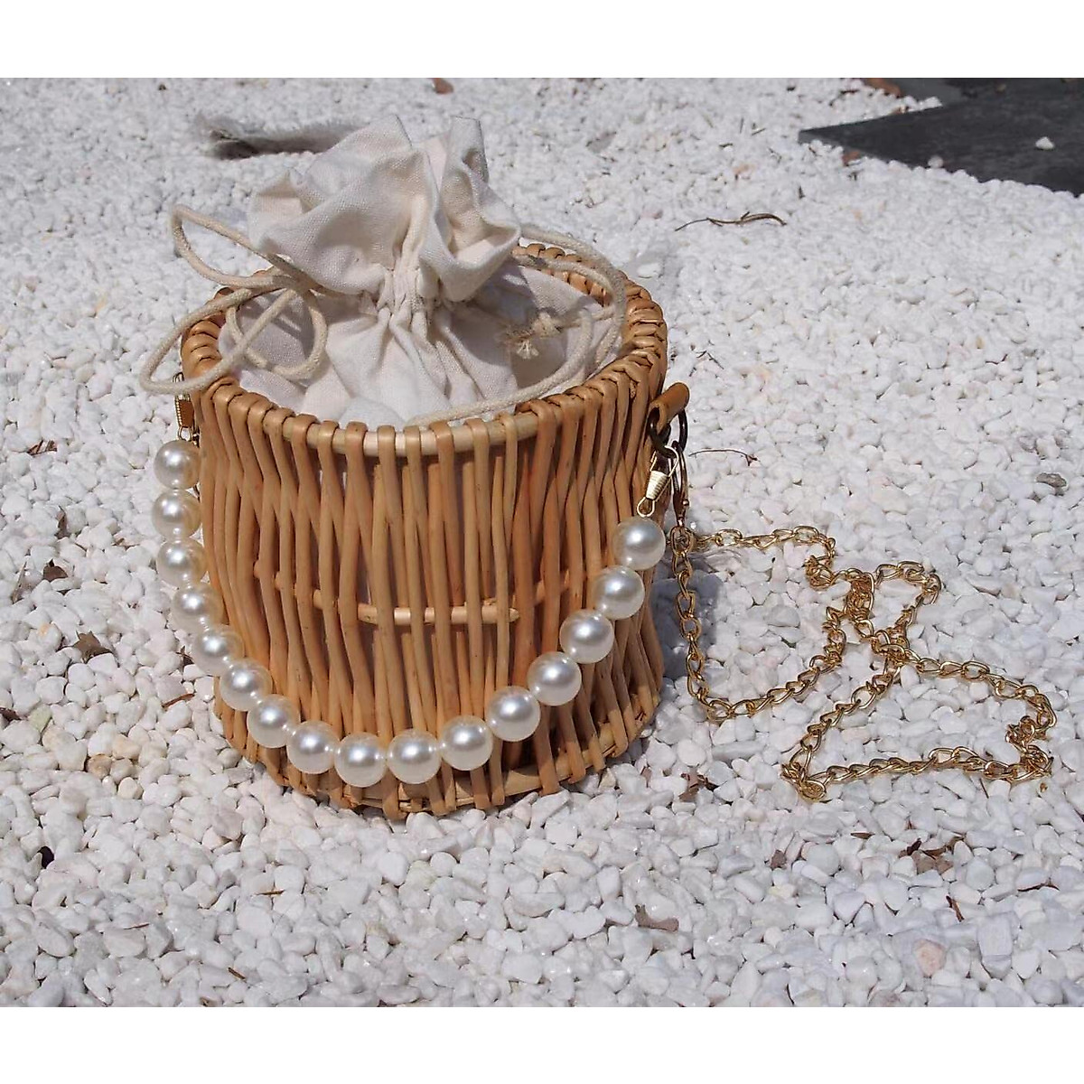 Straw Beach Pearl Bag Purse Bag for Women Vacation Handmade Basket Tote Bamboo Should Bag Handbag Best Gift for Girls Wife