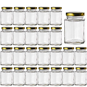 Woaiwo-q Glass Jars With Lids, 4 OZ Mason Jars Spice Jars Honey Jars Hexagon Jars for Sealing, Canning Jars for Food Storage, Overnight Oats, Dry Food, Snacks, Candies, DIY Projects(Gold,25Pack)