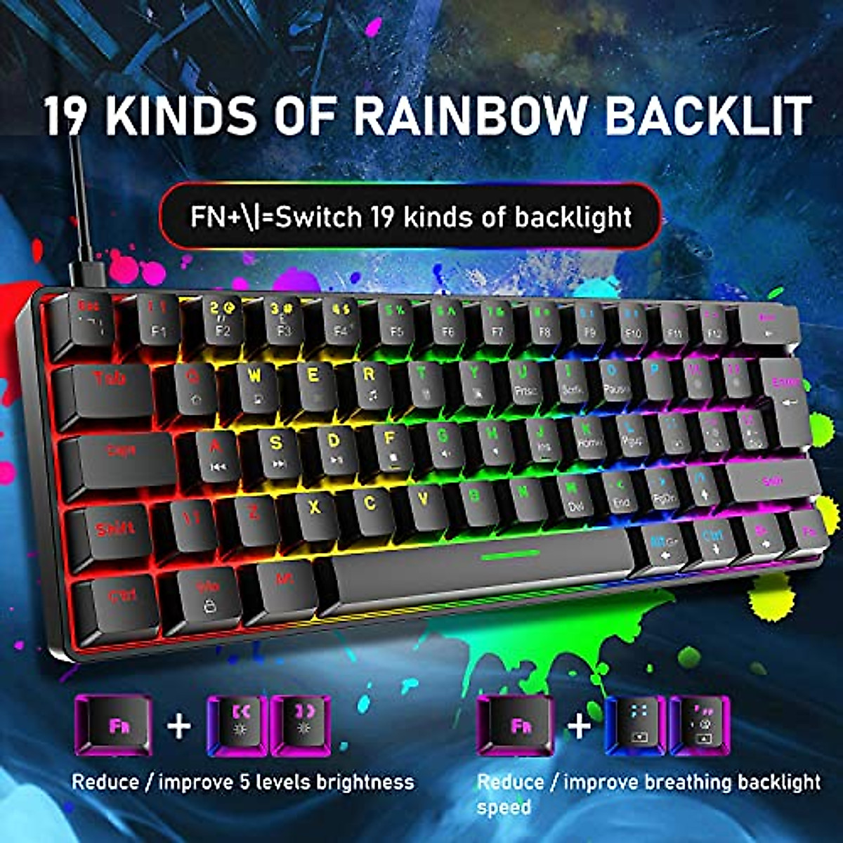 60% Mechanical Gaming Keyboard, Blue Switches, Rainbow LED Backlight Compact Wired Keyboard, TKL Wired Keyboard, Programmable Macro, RGB Mouse 6400 DPI , for PC Gamers and Office Typists (Black)