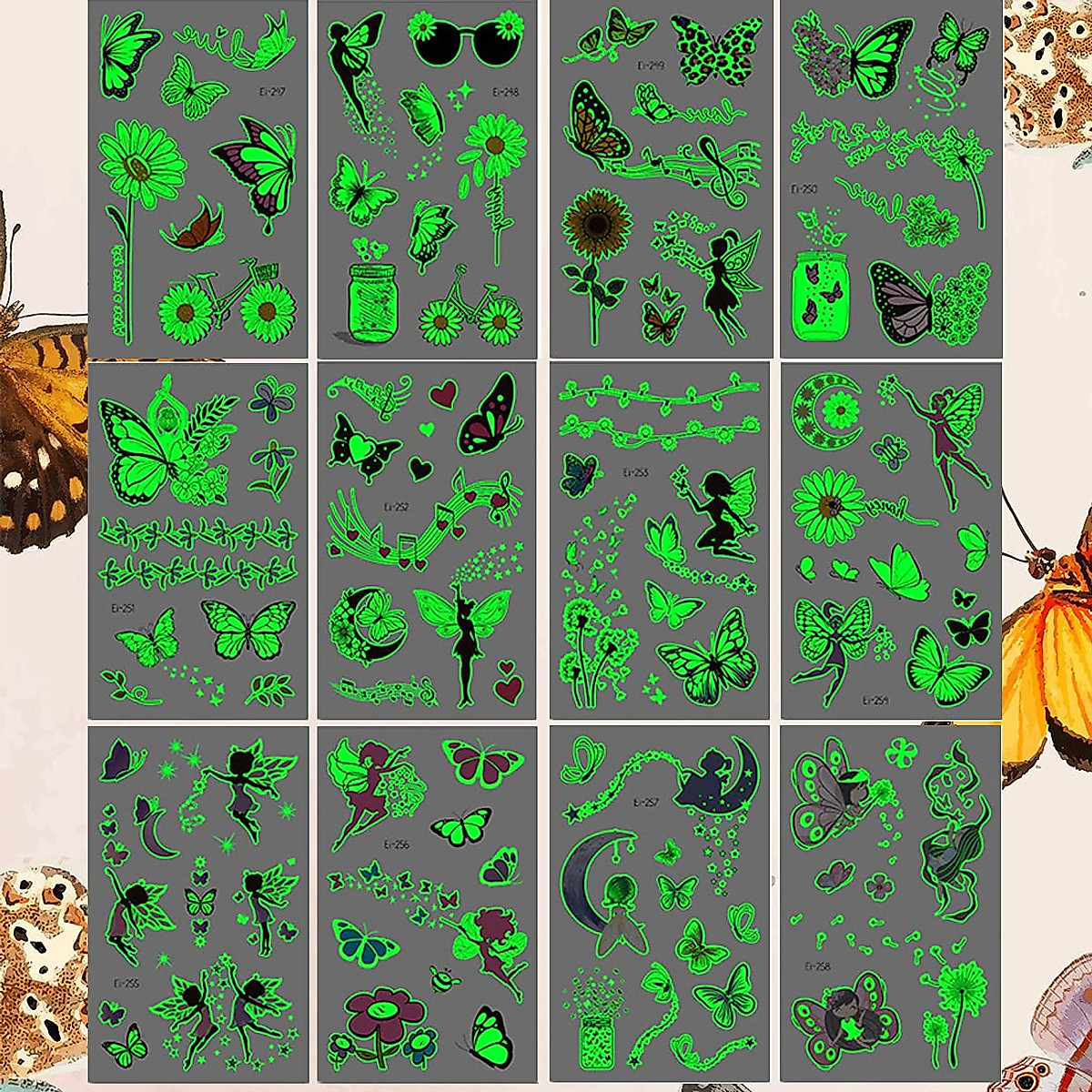Ooopsiun Luminous Butterfly Temporary Tattoos for Girls - 12 Sheets Glow in The Dark Butterfly Stickers Party Favors Decorations for Kids Girls