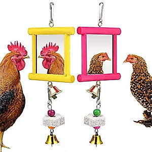 Vehomy 2Pcs Chicken Mirror Toys for Hens Hanging Swing Mirror Toys with Bells and Beak Grinding Molar Stones for Roosters Hens Birds Parrots (Yellow and Red)