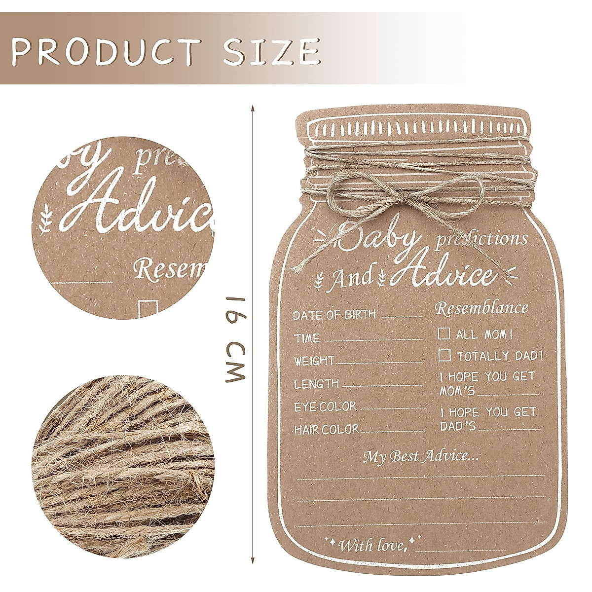 Lincia 50 Pcs Baby Shower Prediction and Advice Cards Mason Jar Advice and Prediction Cards Baby Shower Cards for Baby Shower Gender Reveal Party Supplies Mom Dad Party Decorations(Brown)