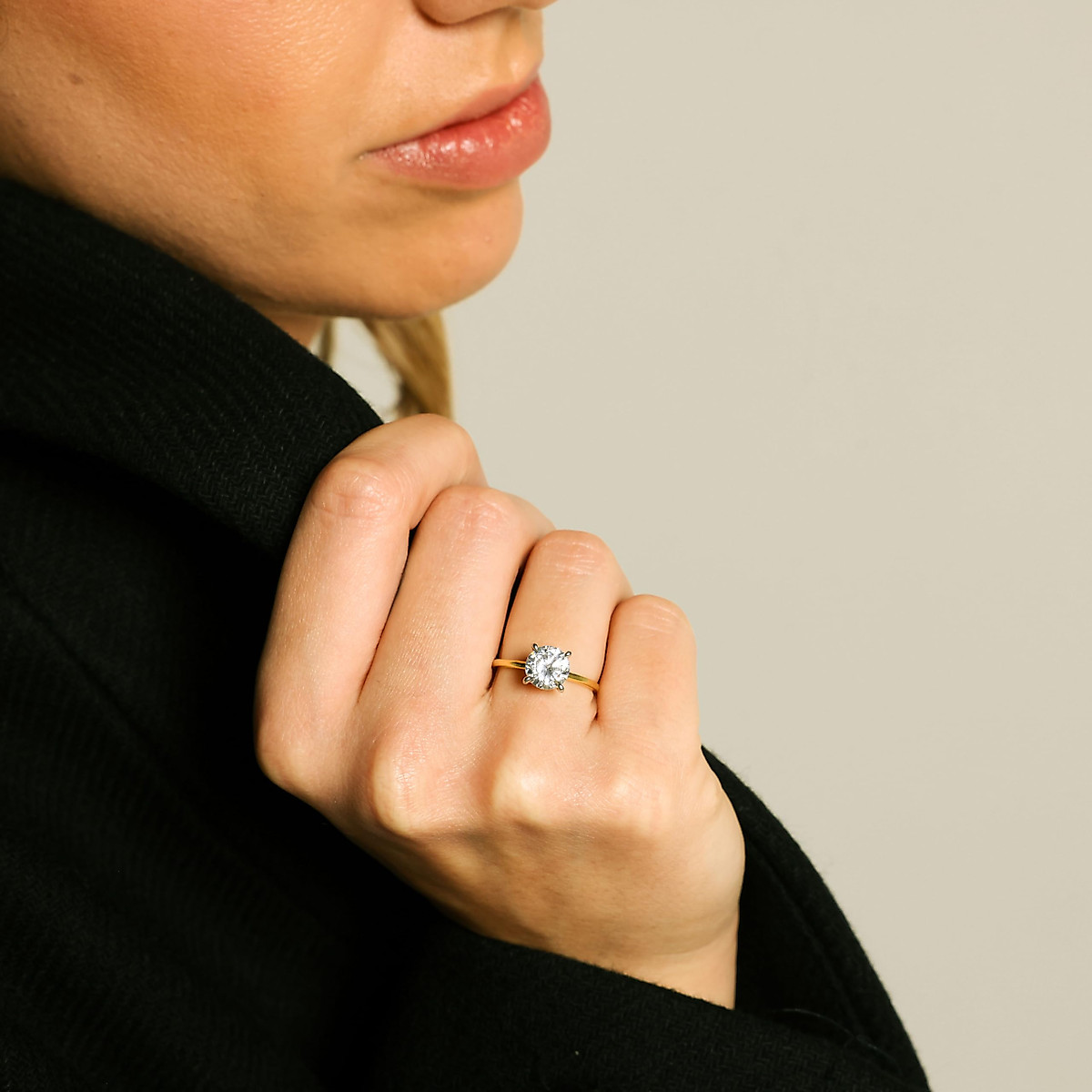 espere 18K Gold Plated Sterling Silver 2 Carat Cubic Zirconia Solitaire Engagement Ring | Women's Thin Band CZ Promise Ring (Round Cut, 4)