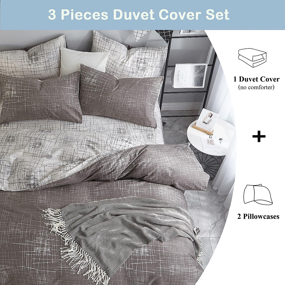 VM VOUGEMARKET King Duvet Cover Gray brown,Reversible Abstract Duvet Cover Set with Zipper,100% Cotton-Hotel Quality Modern Men/Women bedding Set-King,Artwork