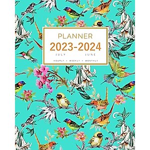 Planner July 2023-2024 June: 8x10 Large Notebook Organizer with Hourly Time Slots | Summer Flower Exotic Bird Design Turquoise
