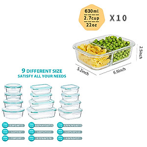 Bayco [24 Pieces] and [10 Packs] 2 Compartment Glass Food Storage Containers with Lids, Airtight Glass Lunch Bento Boxes, BPA-Free & Leak Proof