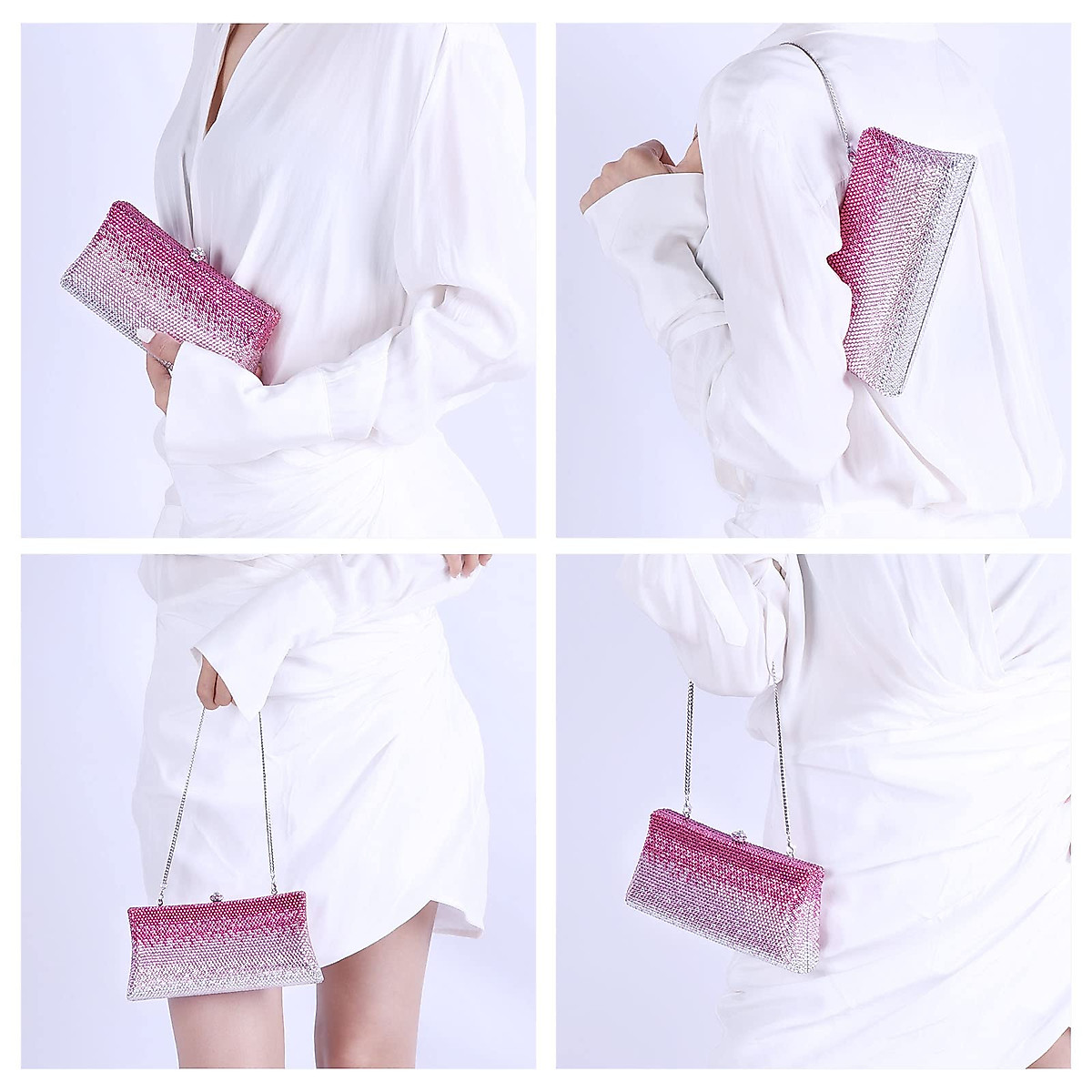 Evevictor Clutch Purse, Small Size Evening Handbag, Rhinestone Money Bag for Cocktail Prom Party Wedding Date (Hot Pink)