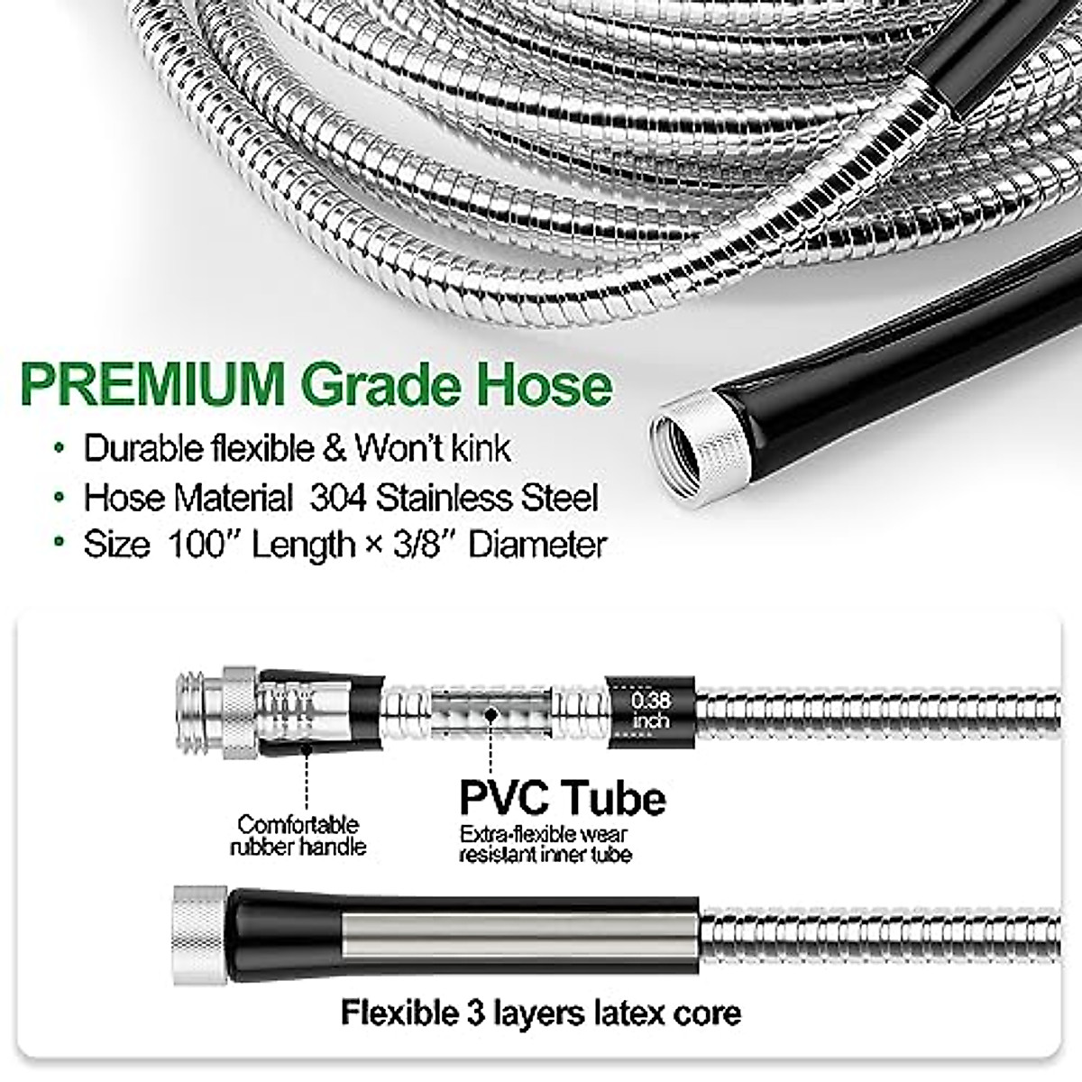 SPECILITE Heavy Duty Metal Garden Hose Reel With 100 Ft 304 Stainless Steel & 9-Pattern Metal Nozzle, 360° Rotation Frame,Wall Mount/Floor Hose Reel,