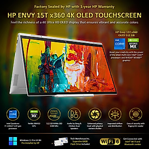 HP Envy 15T x360 2022 i7-1195G7, 16GB RAM, 512 GB NVMe SSD, 15.6" 4K OLED Touch, Windows 11 Pro, Wi-Fi 6, Tilt Pen, Nvidia MX450 2GB GPU, Silver Color, B&O Audio, 64 GB Tech Warehouse Flash Drive