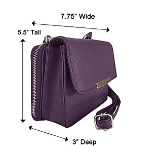 Roma Leathers Mini Leather Cross Body Purse - Premium Purple Embossed Cowhide Leather - Backside Detachable Wallet - Adjustable and Removable Shoulder Strap - Designed in USA