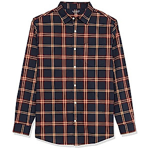 Amazon Essentials Men's Long-Sleeve Regular-Fit Stretch Poplin Shirt, Navy Red Buffalo Plaid, Medium
