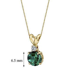 PEORA 14K Yellow Gold Created Emerald and Genuine Diamond Pendant for Women, Elegant Solitaire, AAA Grade Round Shape, 6.50mm, 1 Carat total