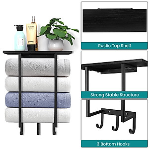 ELITEROO Towel Holder for Bathroom Wall, Towel Rack with Shelf and Hooks, Hanging Towel Organizer for Small Bathroom Storage, Wooden Rolled Towel Shelf for RV, Camper, Black