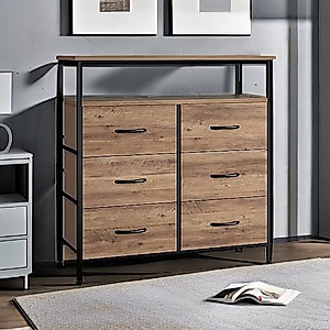 BOTLOG Fabric Dresser for Bedroom with 6 Drawers, Dresser TV Stand with Open Shelves, Chest of Drawers for Closet, Clothes, Wood Top, Fabric Drawers